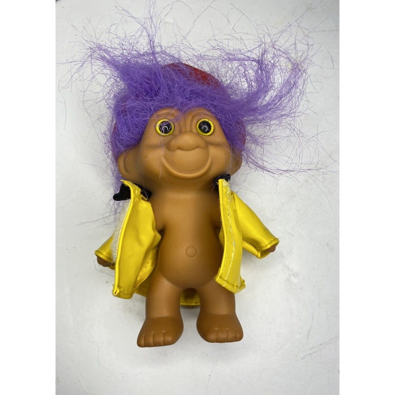 Vtg 1991 Boy Troll T.N.T. Vinyl Raincoat Hat Purple Hair Blue Yellow ...