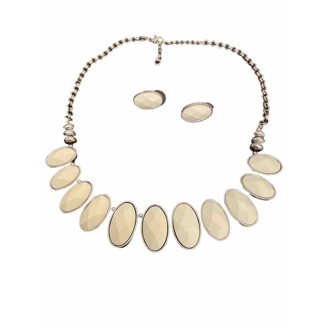 Vtg Silver Tone Ivory Lucite Faceted Oval Cabachon Bib Choker Necklace ...