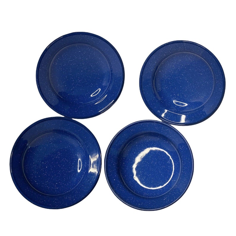 Blue Speckled Enamelware Camping Dishes 4 Bowls 4 Plates EUC - Etsy