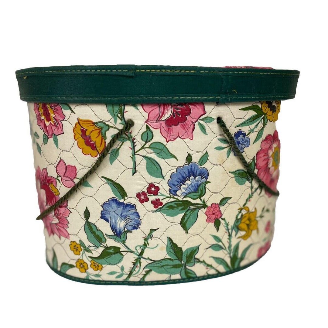 VTG Chintz Floral Oval Sewing Box Padded Quilted Lid Container Storage ...