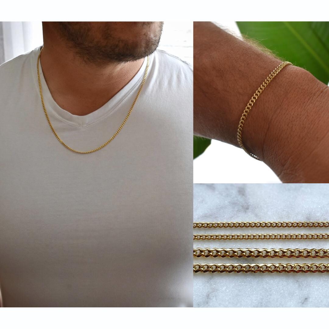 Mens Gold Necklace & Bracelet Set, Cuban Chain Link Bracelet, 18k Gold ...