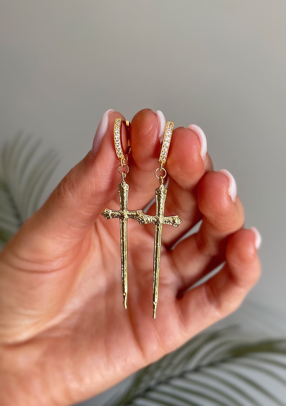 Gold Dagger Earrings, Gold Huggie Hoop Earrings, Dangle Drop Cross ...