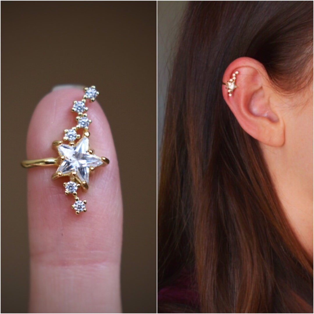 Star Ear Cuff, Cartilage Earring, Ear Climber, Dainty Gold Celestial Earrings, Star Ear Cuff ...