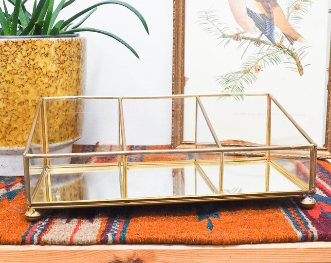 Vtg Glass and Metal Edging Sectioned Desk Organizer - Glass Curio Shelf ...