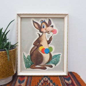 Vtg Framed Cute Kangaroo Print White Vintage Frame Cartoon Lithograph ...