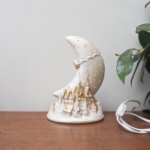 Vtg Ceramic Christmas Moon Lamp Santa Sleigh Xmas Decor Table Light ...