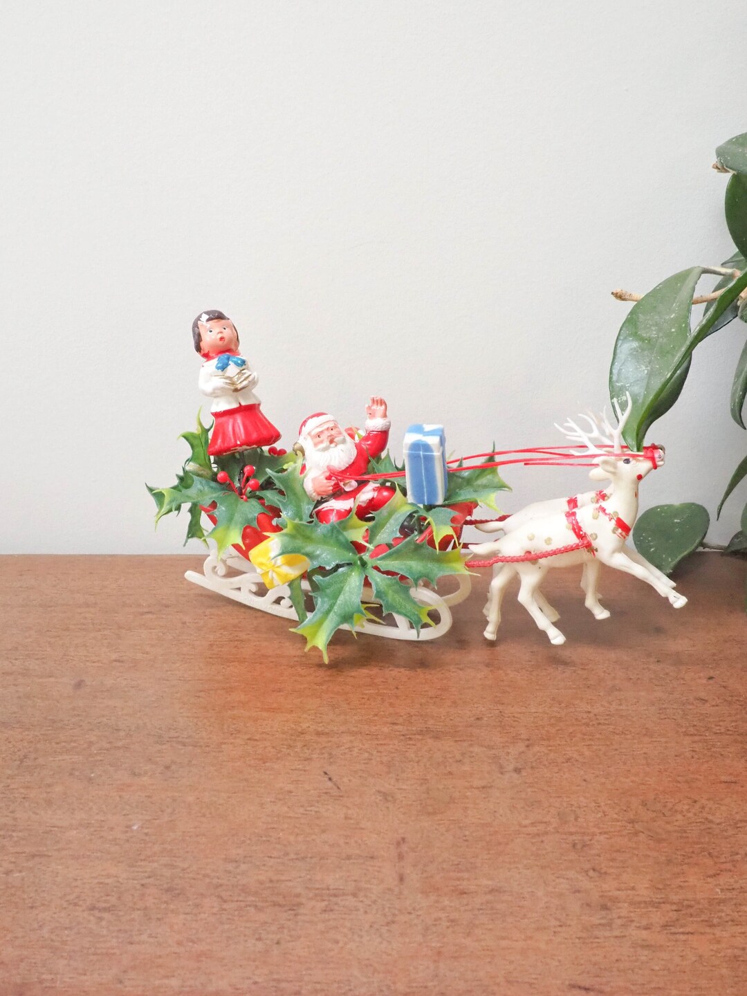 Vtg Plastic Santa Claus on Sleigh With Reindeer - 11.5 Inches Long ...