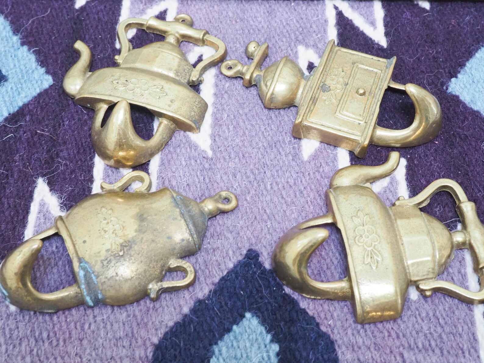Brass Tea Pot and Grinder Hooks - Set of 4 - Vtg Farmhouse Cottagecore ...