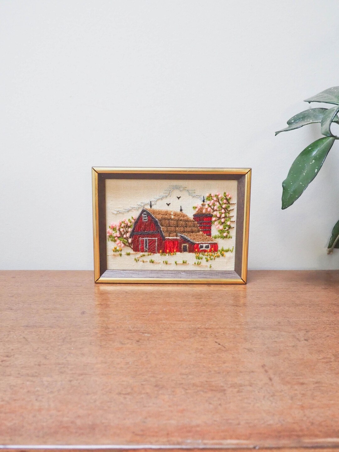 Framed Embroidered Barn Needlepoint Art Vtg Framed Embroidered Rustic ...