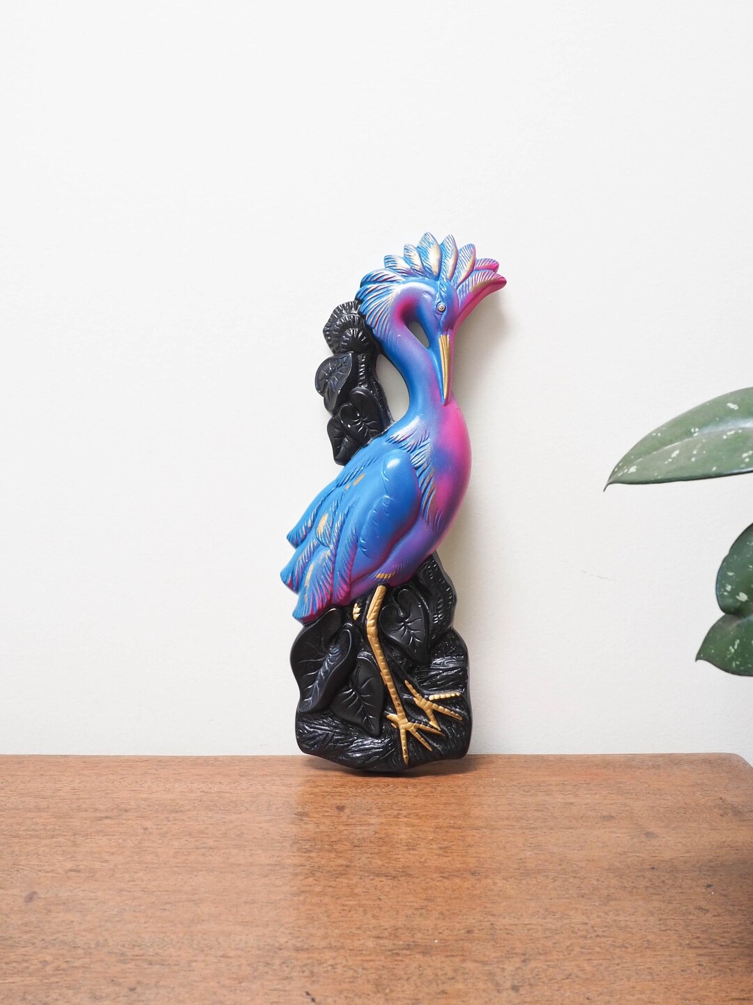 Vtg Chalkware Bird - 60s Black Pink Blue Peacock Chalkware - 1969 ...