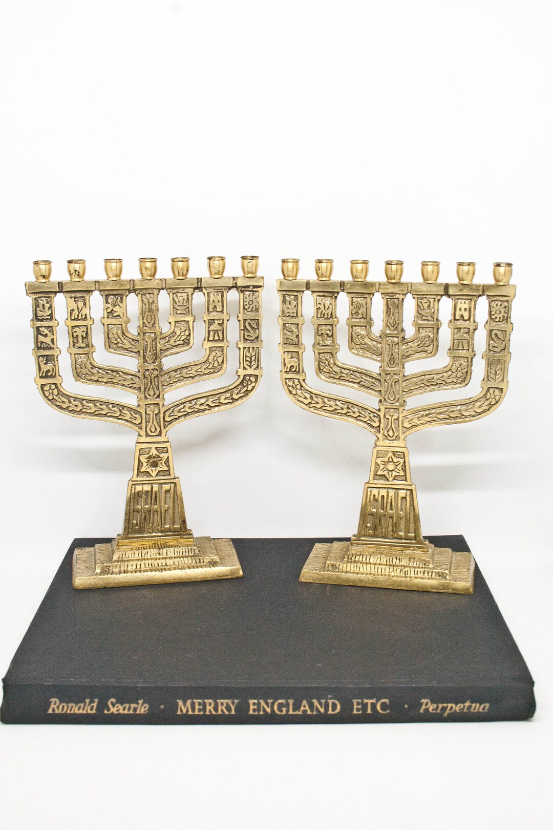Vintage Brass Israel Menorah: Etched Jewish Candelabra, Hanukkah Decor ...