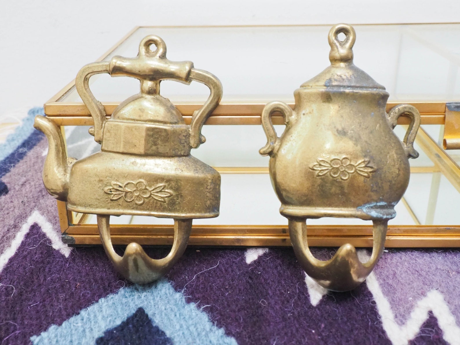 Brass Tea Pot and Grinder Hooks - Set of 4 - Vtg Farmhouse Cottagecore ...