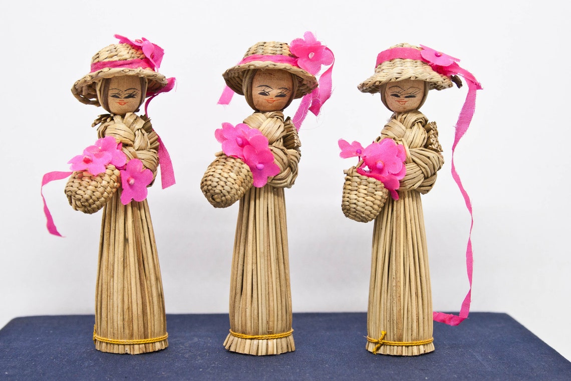 Folk Art Braided Straw Woman Set of 3 Vintage Woven Figurine - Etsy