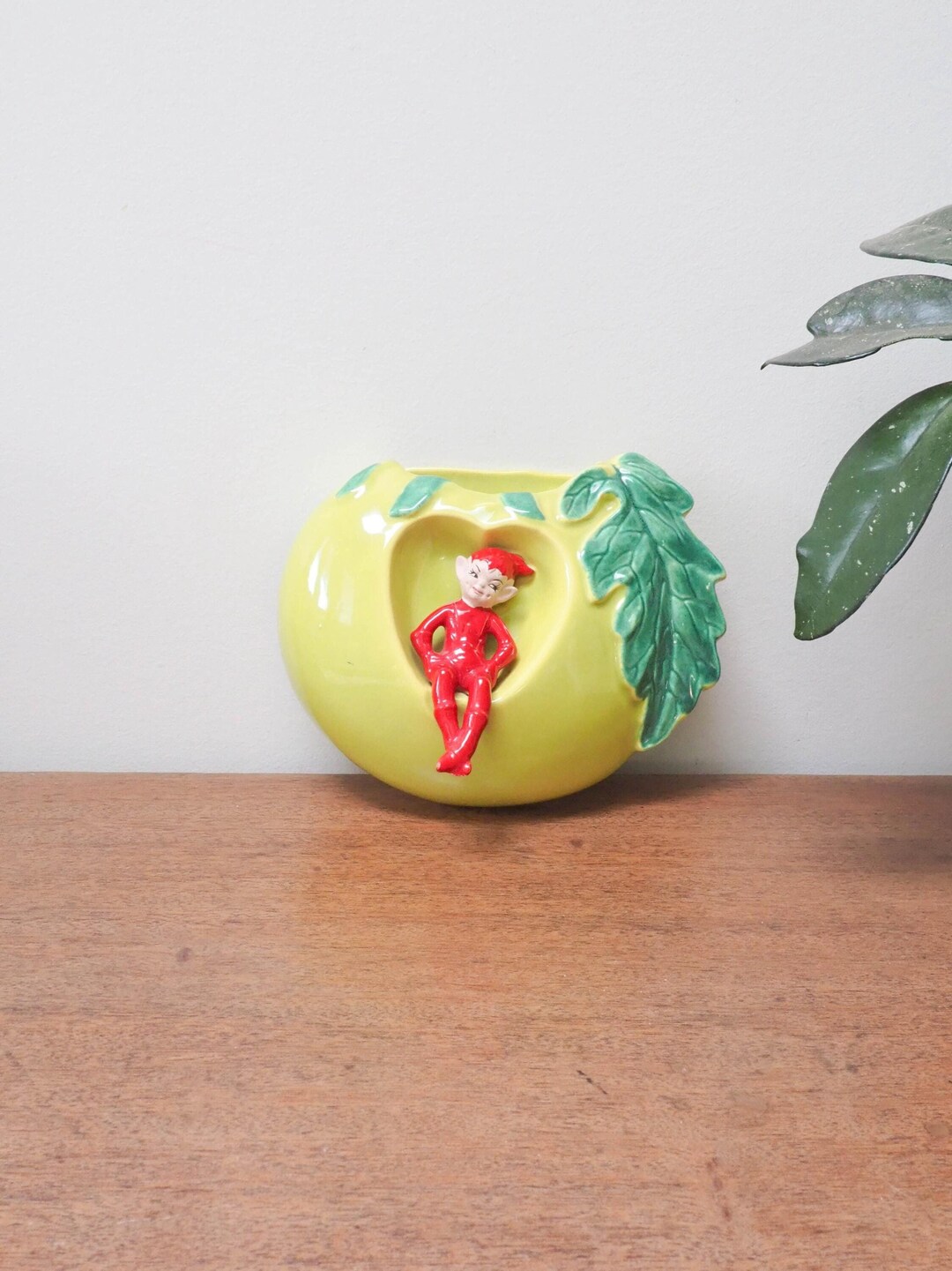 Vtg Gilner Elf Wall Pocket 50's Ceramic Green Fruit Pixie Wall Planter ...