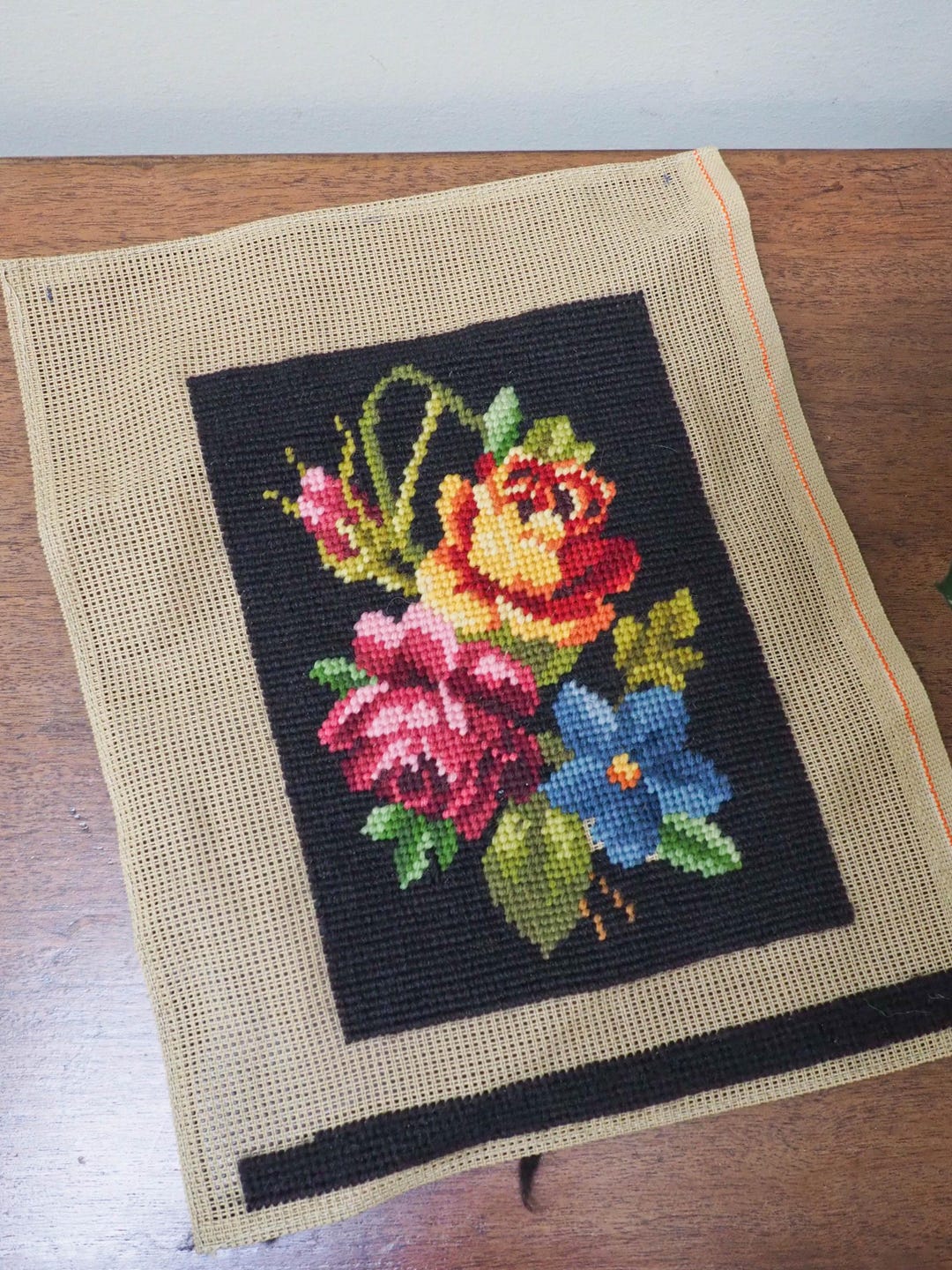 Vtg Finished Floral Needlepoint - Vintage Unframed Floral Needlepoint ...