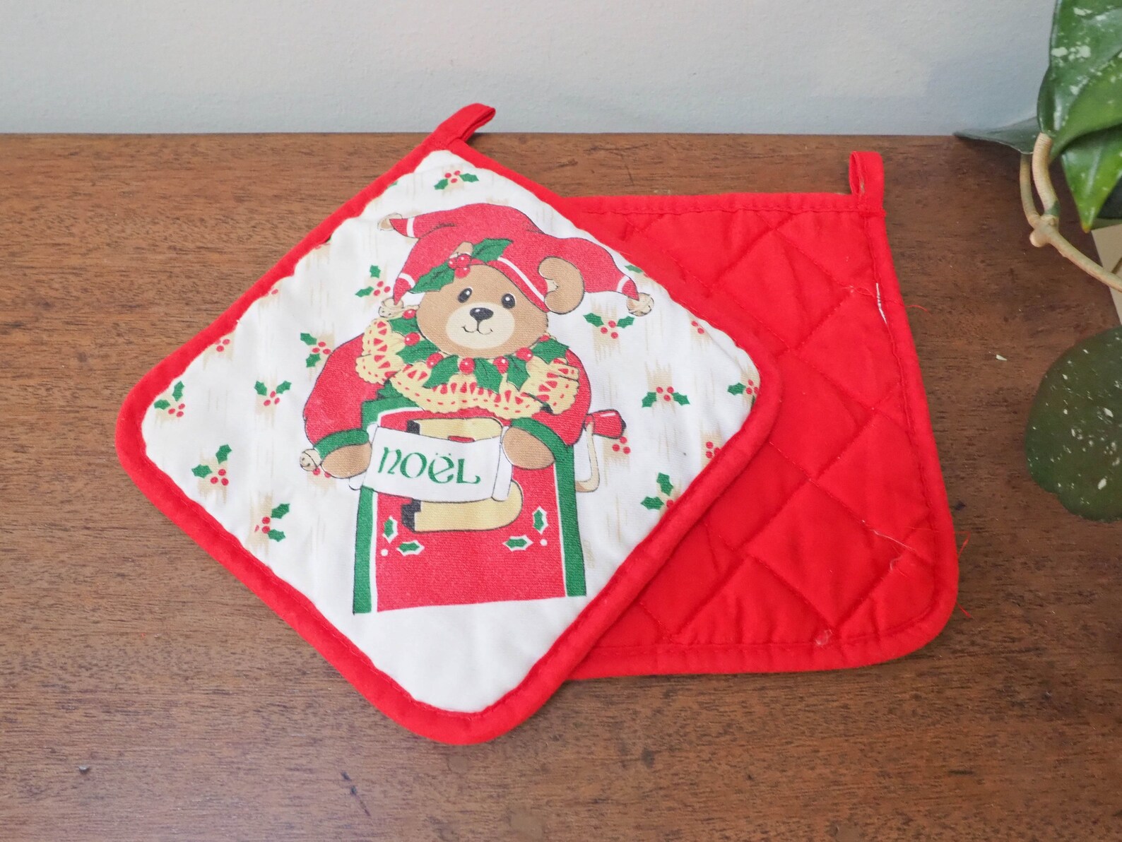 Vtg Teddy Bear Christmas Quilted Pot Holder Pair - Noel Festive ...