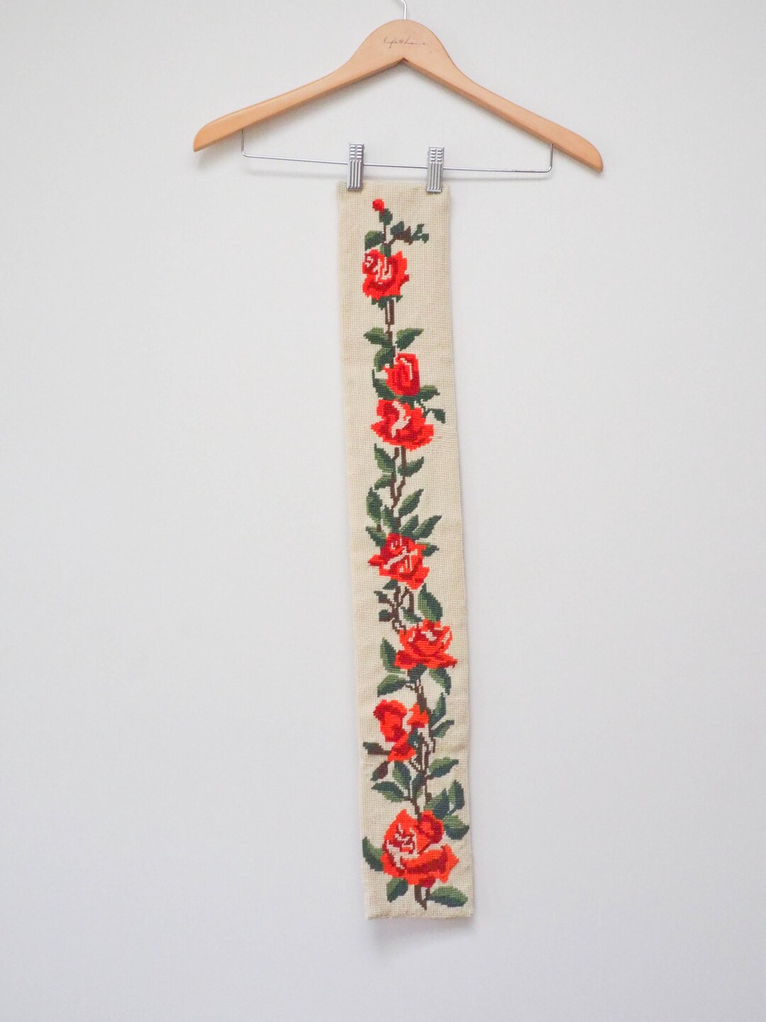 Vtg Needlepoint Banner - Vintage Floral Long Narrow Wall Hanging - Rose ...