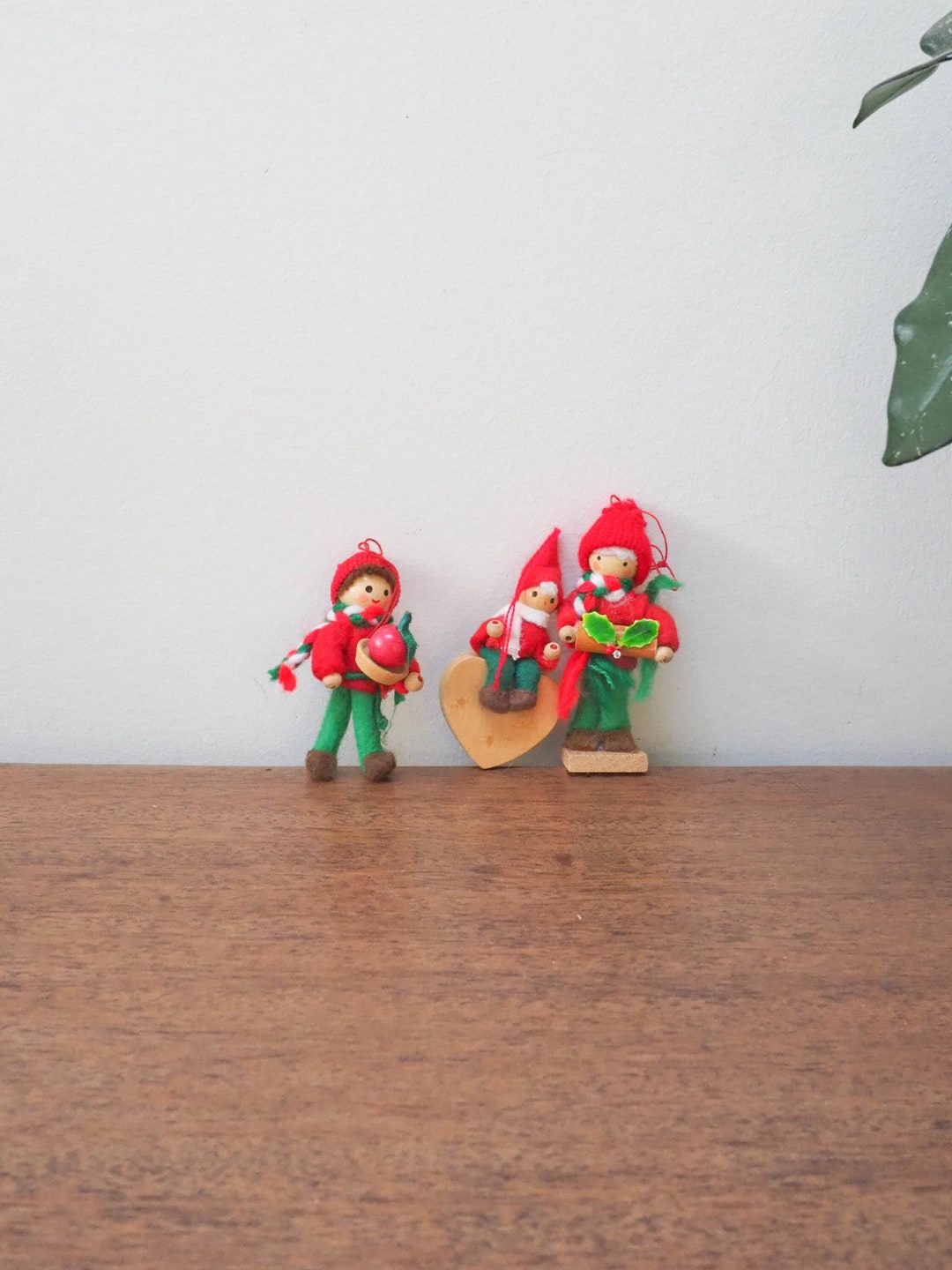 Vtg Wood and Felt Elf Boy Ornaments - Set of 3 - Green and Red Wood Elf ...