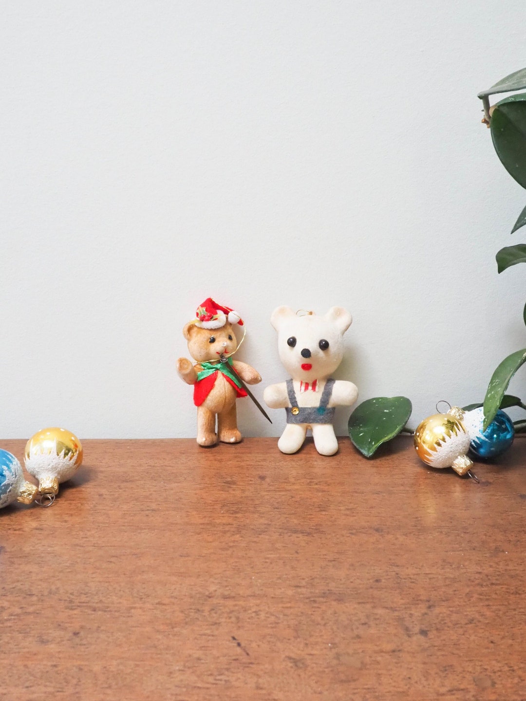 Flocked Teddy Bear Christmas Ornaments Pair - Vtg Mismatched Christmas ...