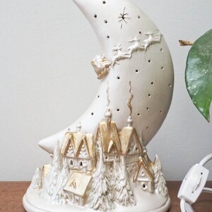 Vtg Ceramic Christmas Moon Lamp Santa Sleigh Xmas Decor Table Light ...