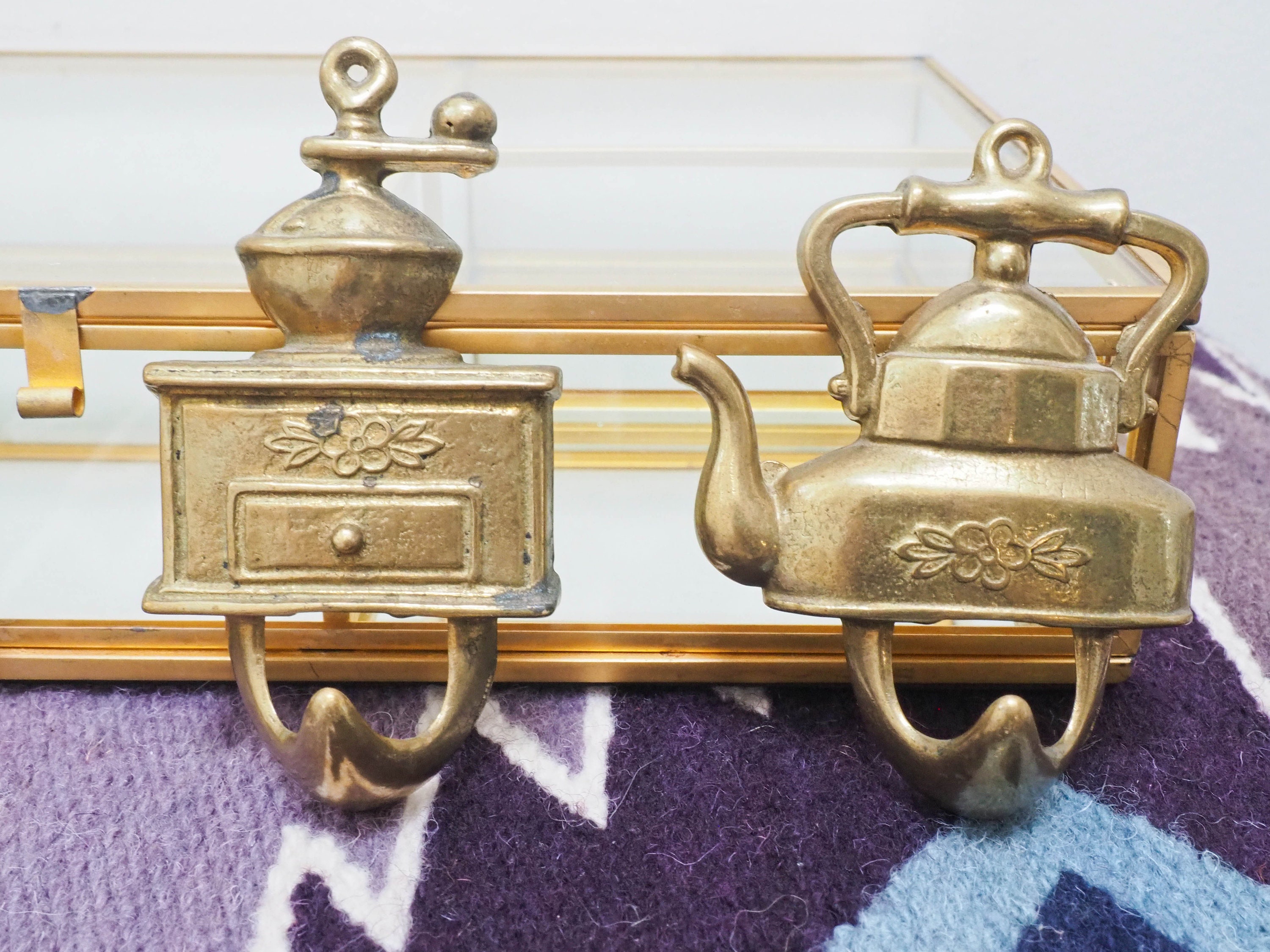Brass Tea Pot and Grinder Hooks - Set of 4 - Vtg Farmhouse Cottagecore ...