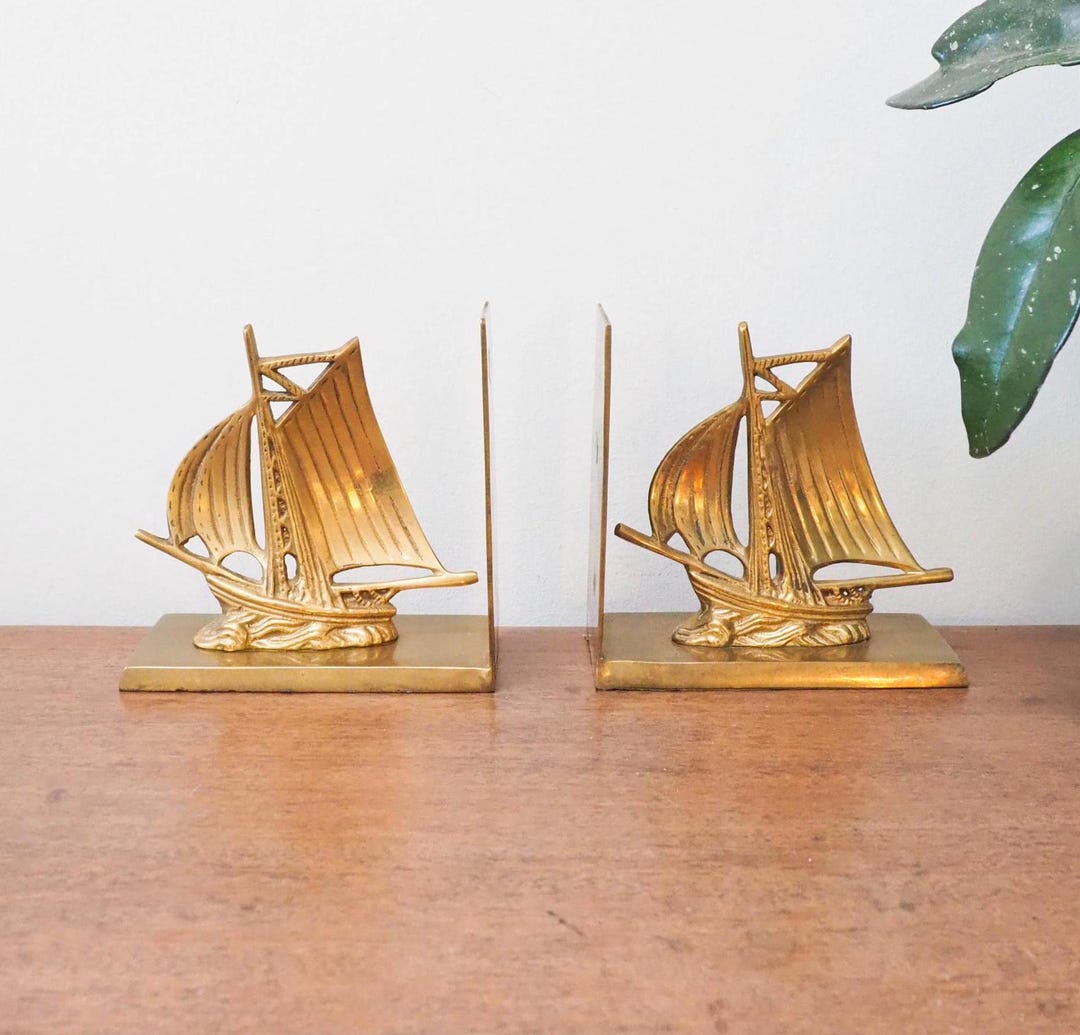 Vtg Brass Sailboat Bookend Pair- Beach House Decor - 70s Nautical Decor ...