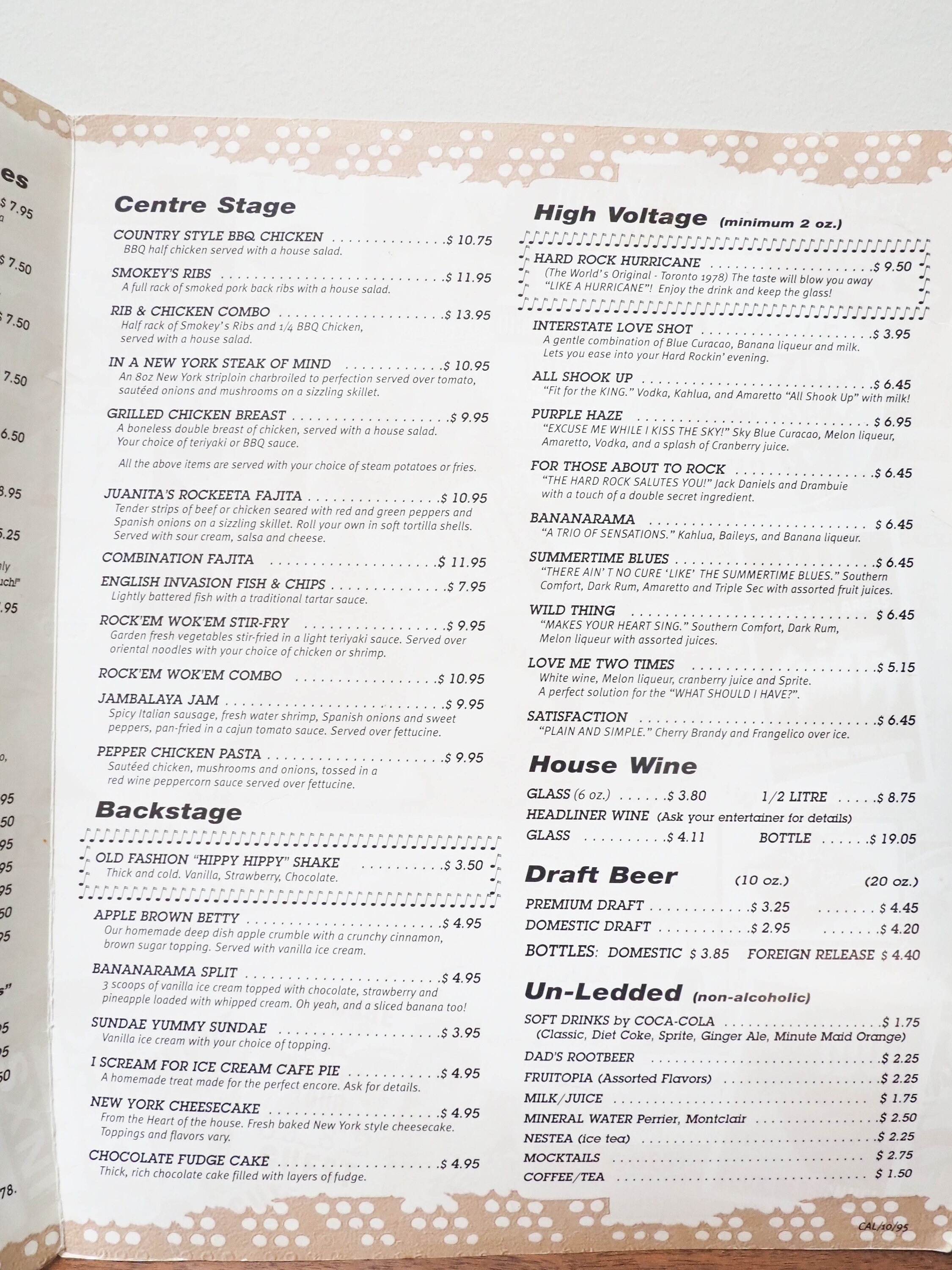 Vtg Hard Rock Cafe Menu - 90s Hard Rock Cafe Canada Menu - Alberta Hard ...