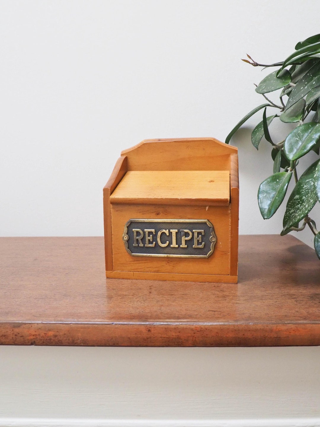 Vtg Wood Recipe Box - Brass Plaque - Vintage Recipe Organizer - Cottage ...