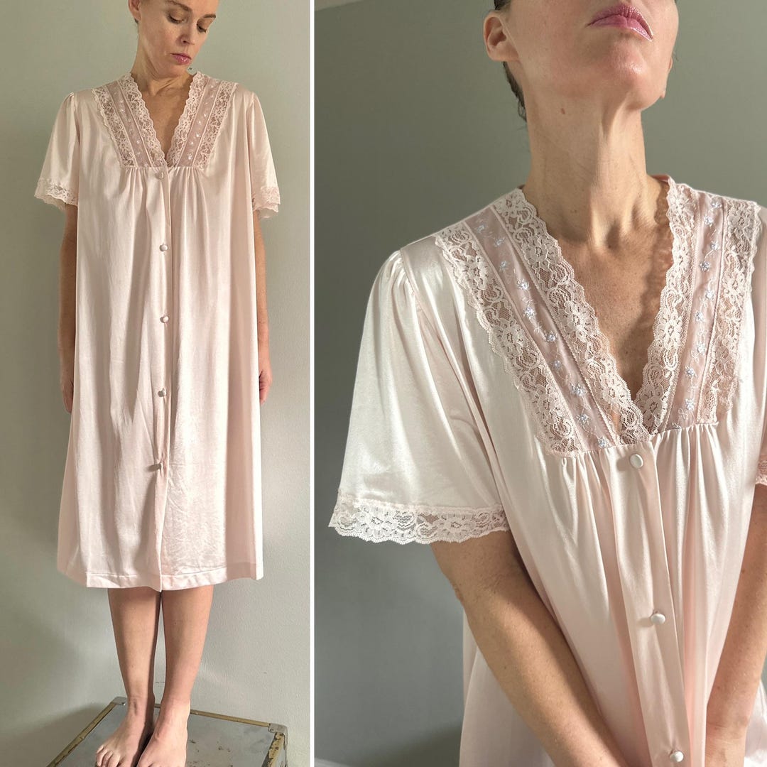 Vintage Nylon Night Gown With Puff Sleeves and Lace Trim| 70s USA MADE ...