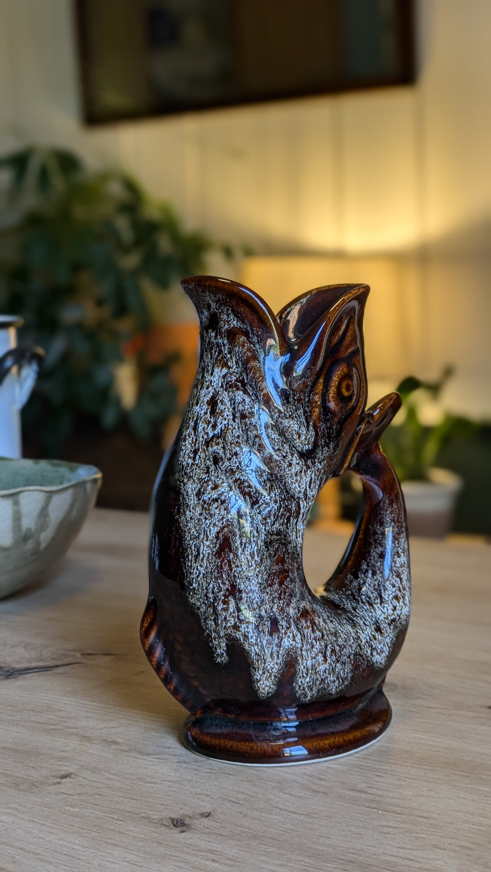 Vintage Fosters Gluggle Gurgle Glug Fish Jug Brown Lava Glaze Medium ...