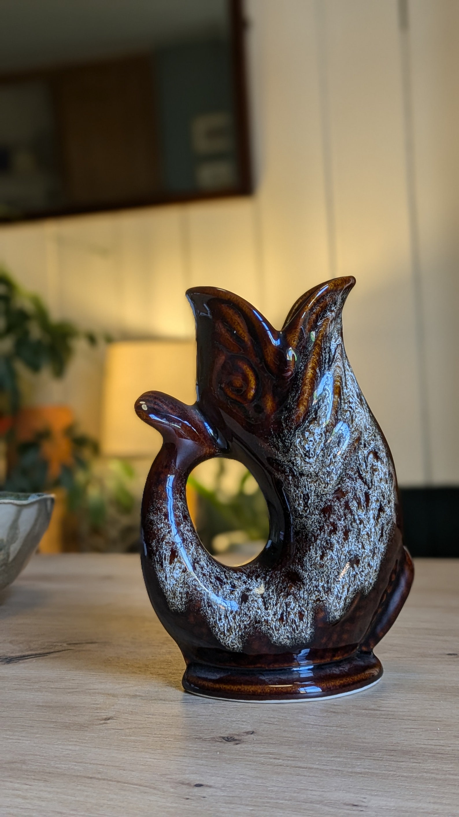 Vintage Fosters Gluggle Gurgle Glug Fish Jug Brown Lava Glaze Medium ...