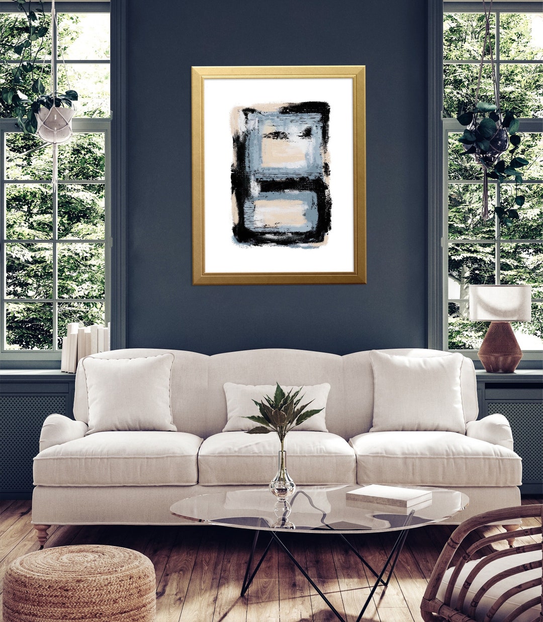 Neutral Abstract Art Painting, Printable Wall Art, Blue and Black Art ...