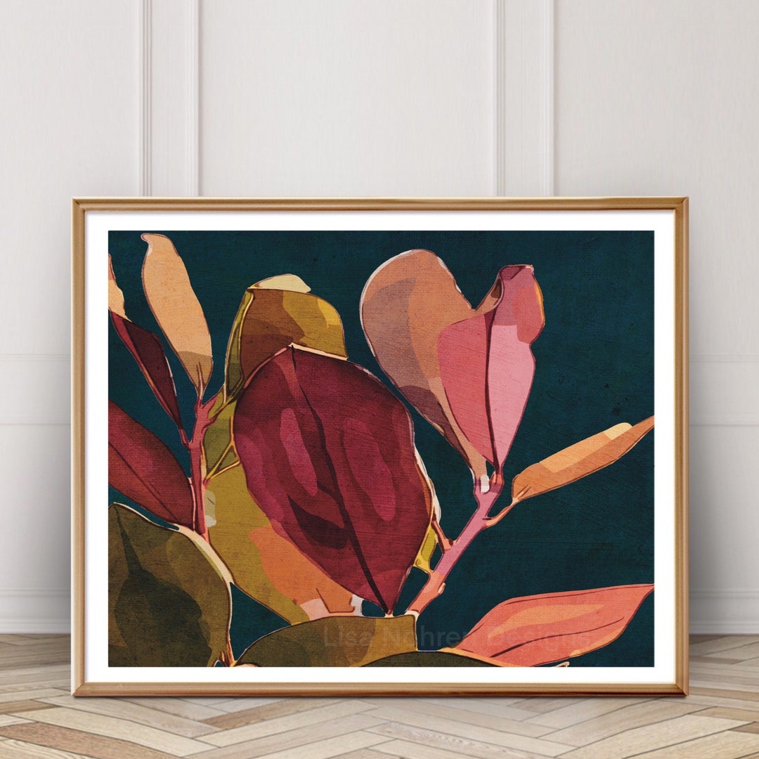 Navy Blue Botanical Art Print: Modern Floral Leaves (digital Download ...