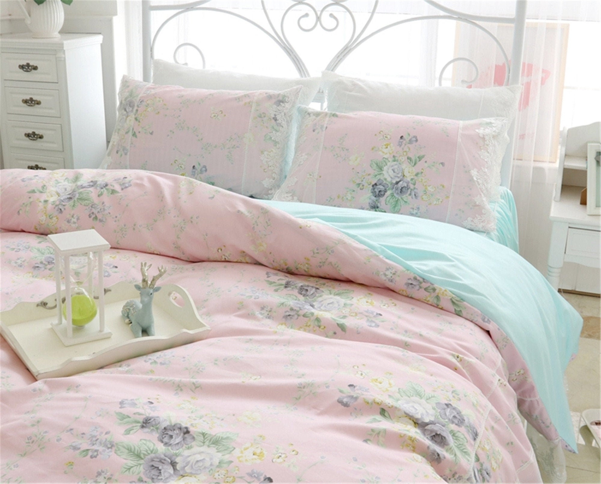 Pink Floral Duvet Cover Set Soft Cotton Bedding Set Lace Duvet Etsy