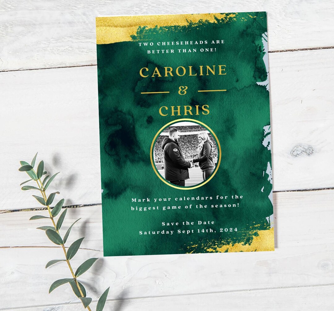 Green Bay Packer Themed Save the Date- Green, Gold, Football ...