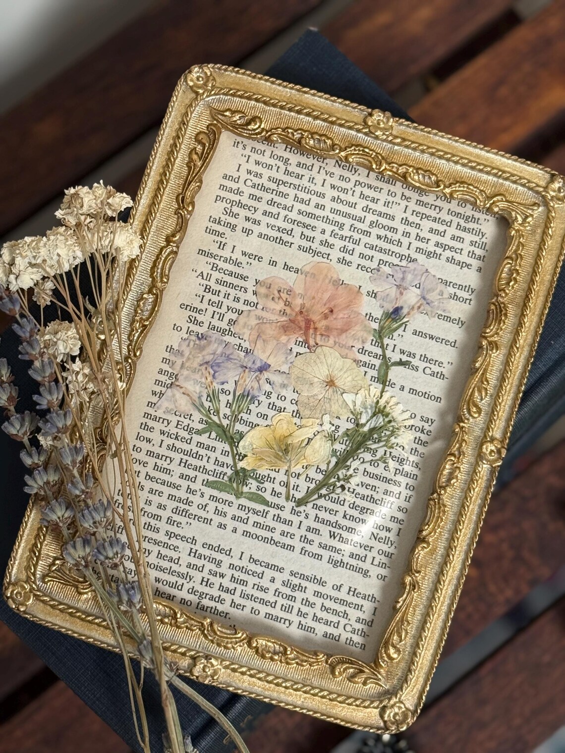 Pressed Flowers in Gold Frame on Wuthering Heights Book Page | Home ...