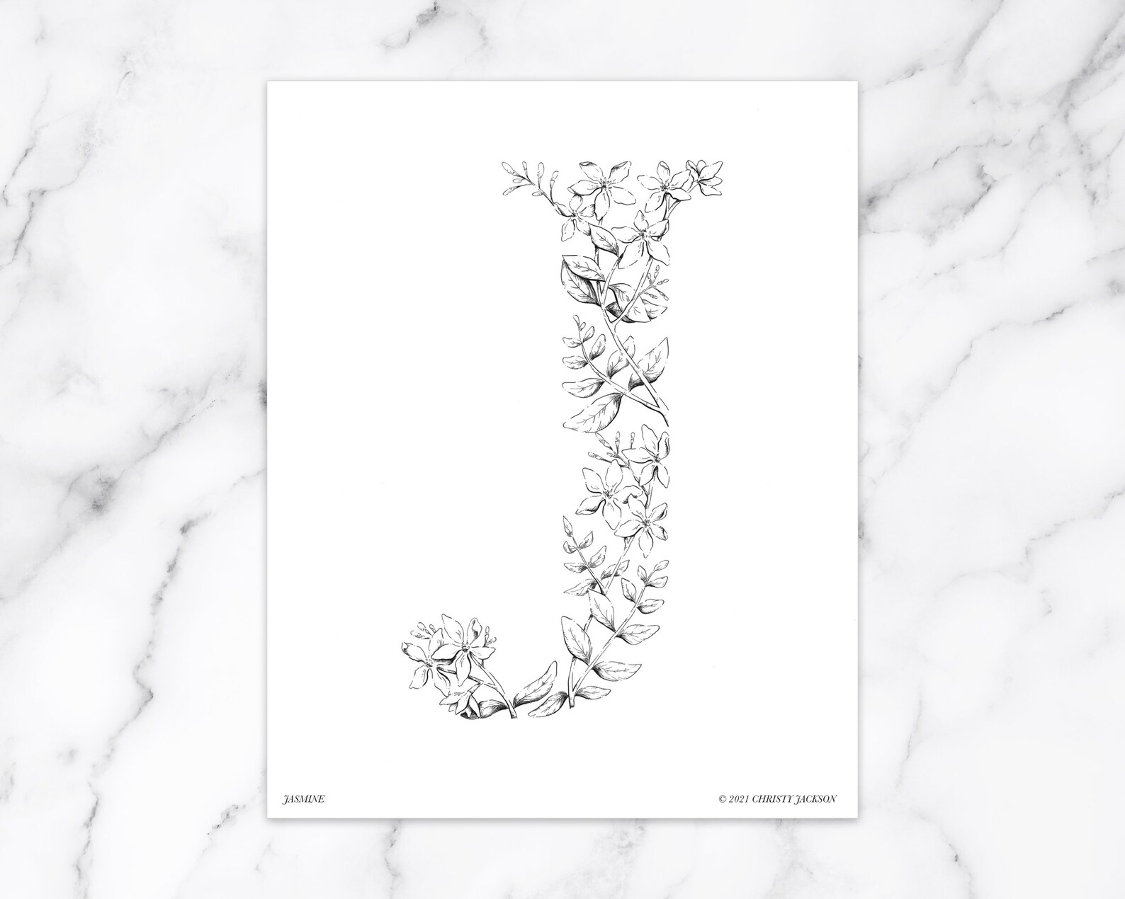 Floral Letter J Jasmine Floral Letter Series Pen & Ink Wall - Etsy