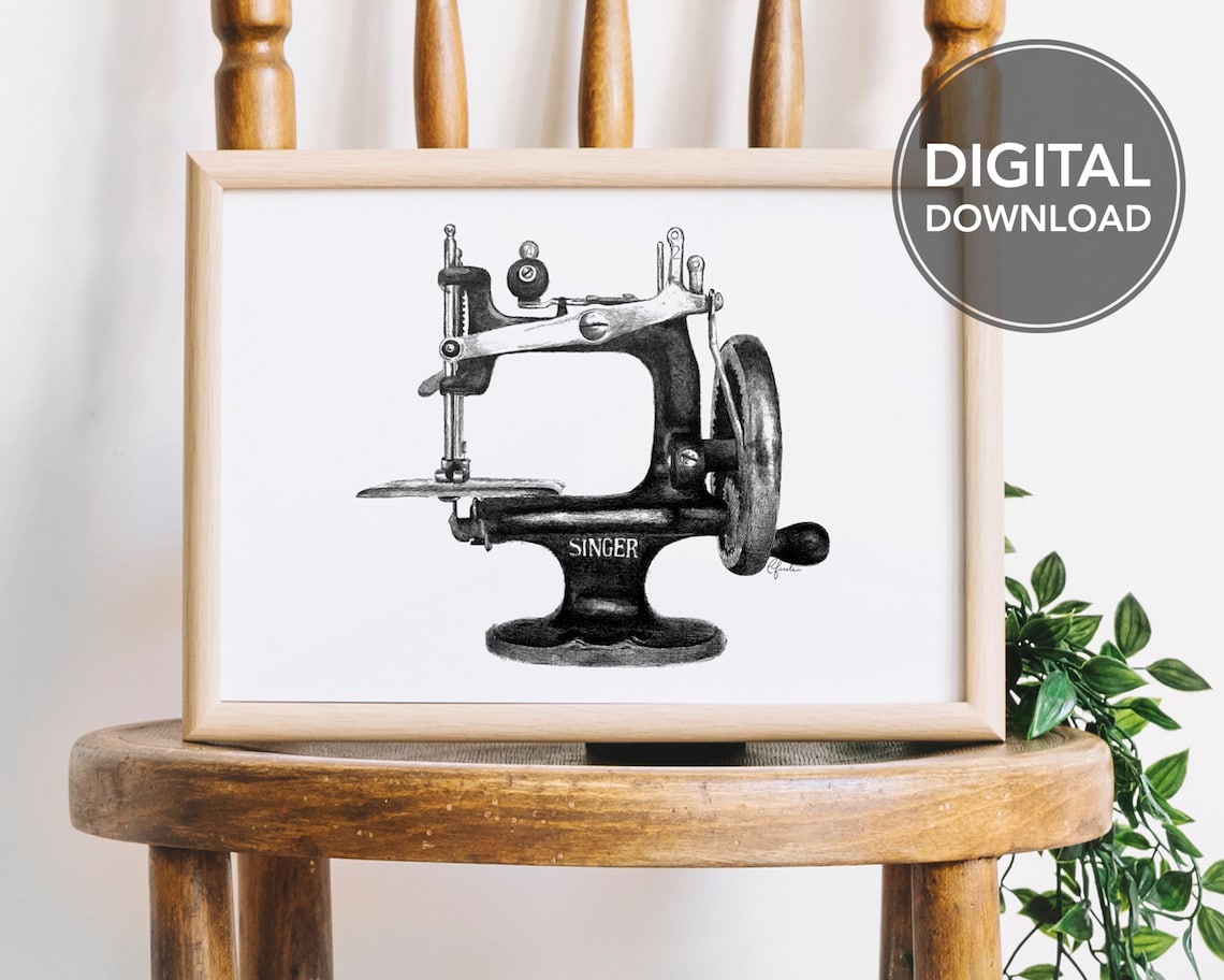 Vintage Singer Sewing Machine Illustration Printable Wall Art, Instant ...