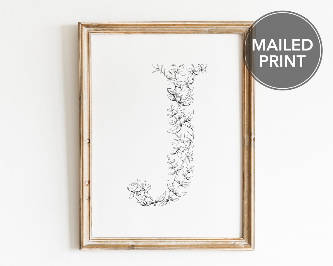 Floral Letter J Jasmine Floral Letter Series Pen & Ink Wall - Etsy