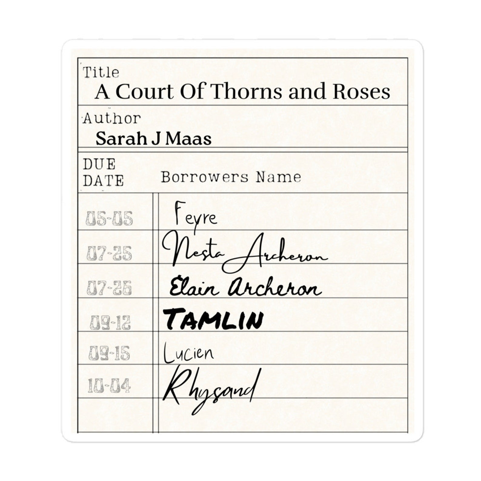 Character Library Card ACOTAR List of Some of the Books Characters ...