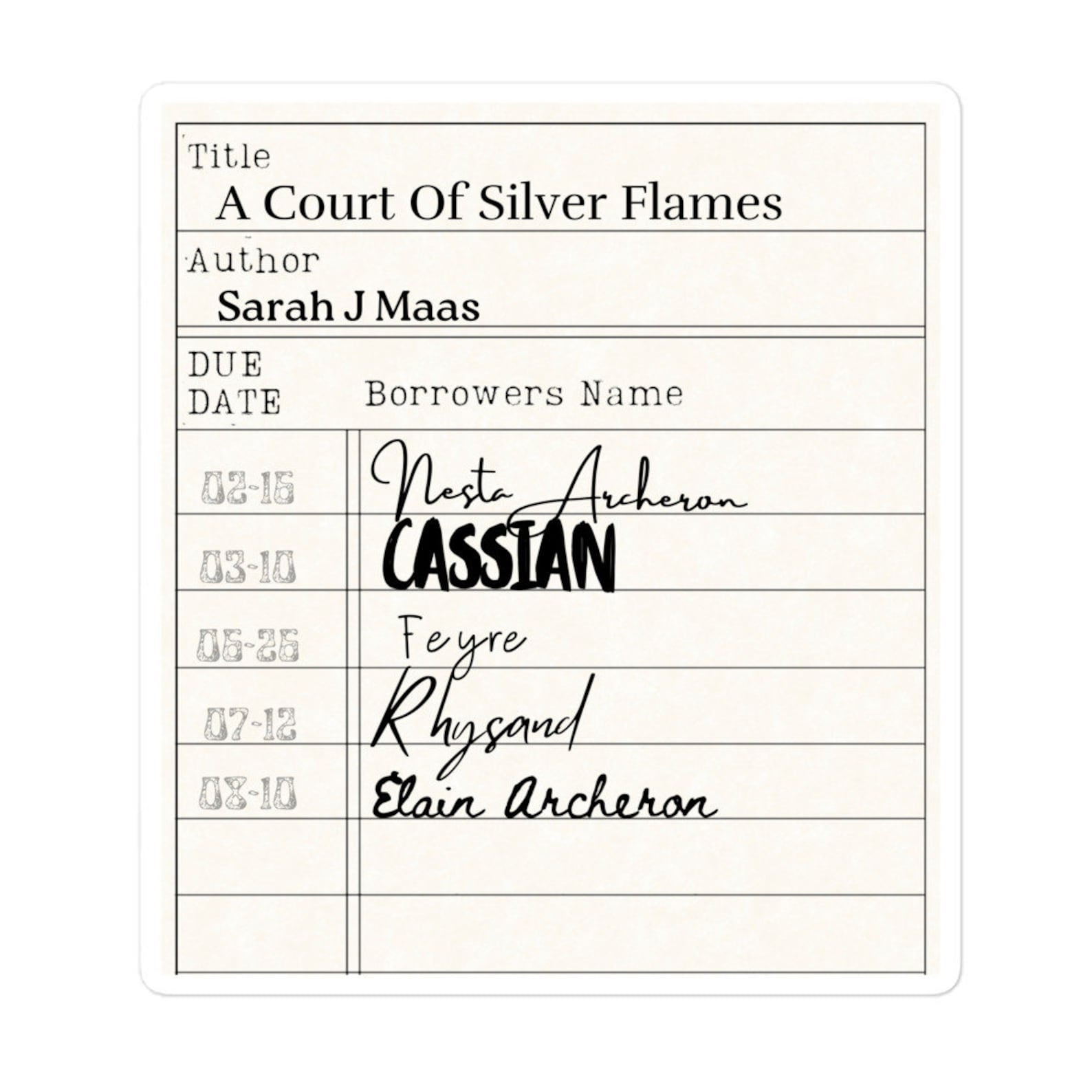 Character Library Card ACOSAF List of Some of the Books Characters ...