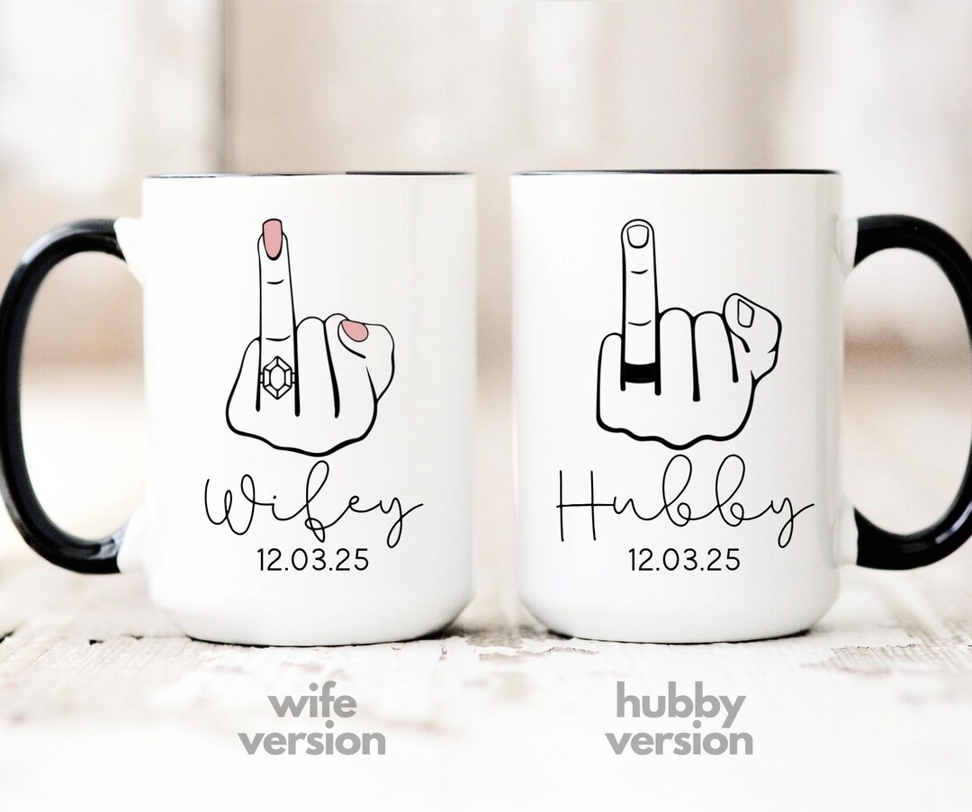 Hubby Wifey Mugs, Middle Finger Ring Finger Cups, Wedding Gift for the ...