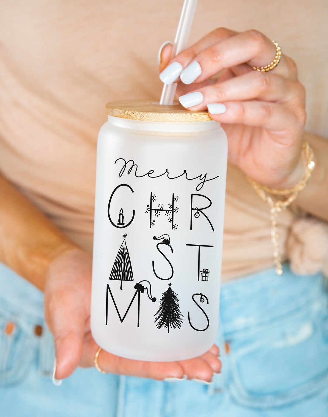 Merry Christmas Iced Coffee Tumbler, Cute Christmas Mug for Tea, Santa ...