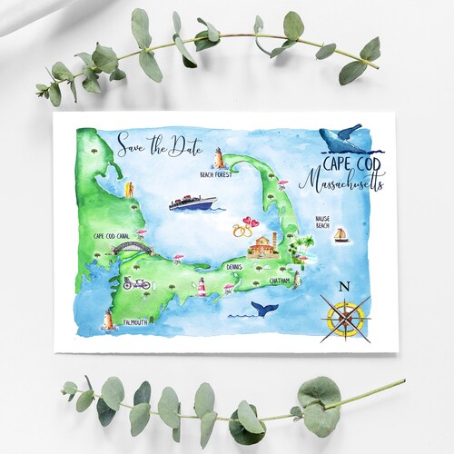 Custom Watercolor Wedding Map Cape Cod Map Personalized Hand - Etsy