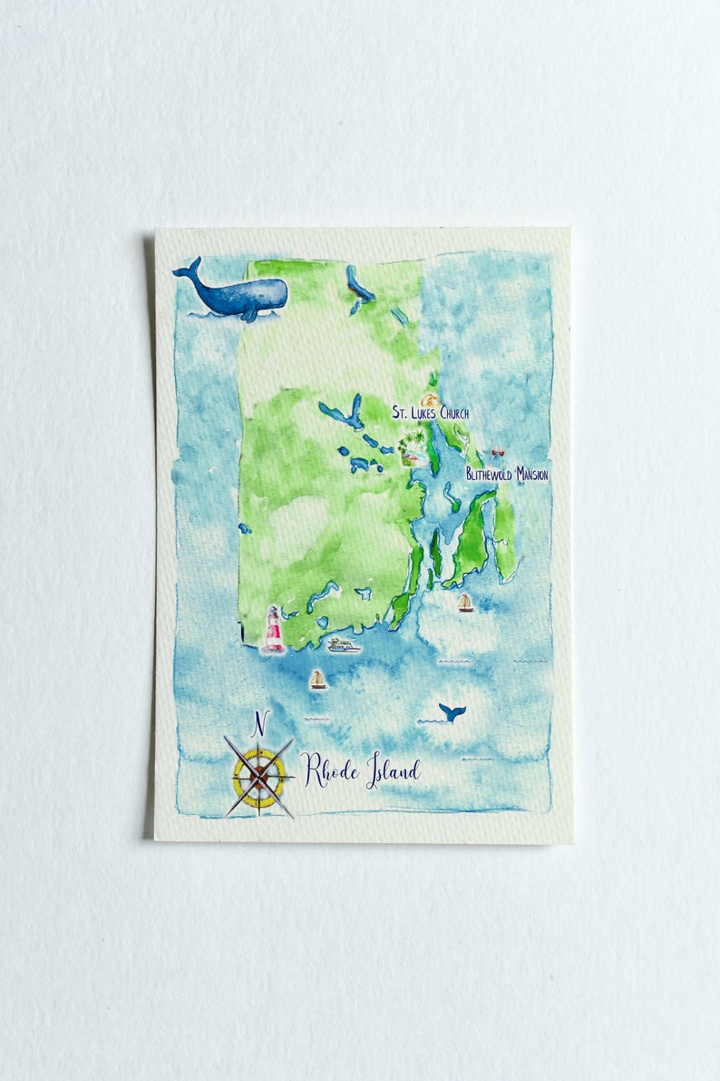 Custom Watercolor Wedding Map, Rhode Island Map, Personalized Hand ...
