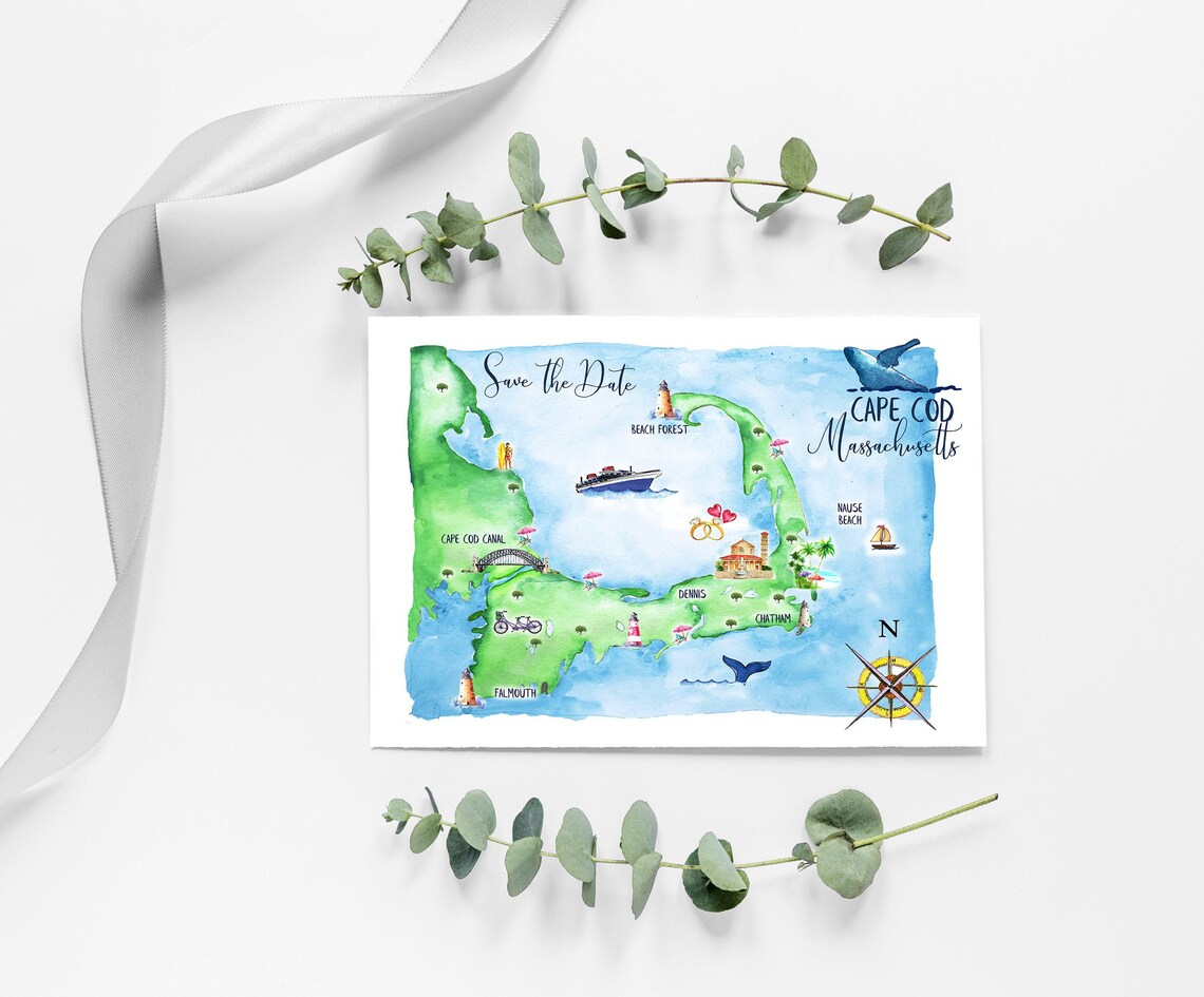 Custom Watercolor Wedding Map, Cape Cod Map, Personalized Hand Drawn ...