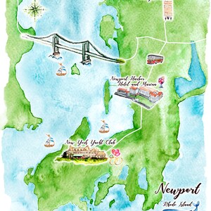 Custom Watercolor Wedding Map, Newport Rhode Island Map, Personalized ...