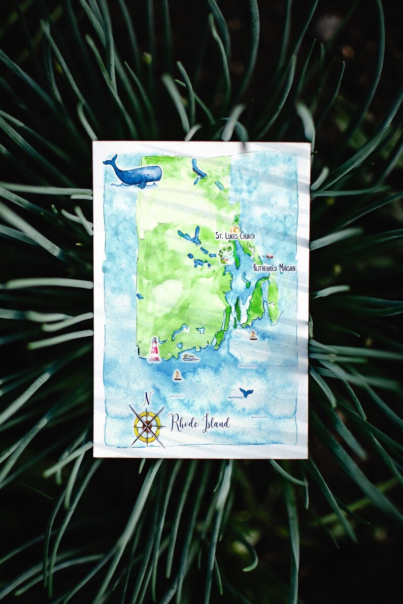 Custom Watercolor Wedding Map, Rhode Island Map, Personalized Hand ...