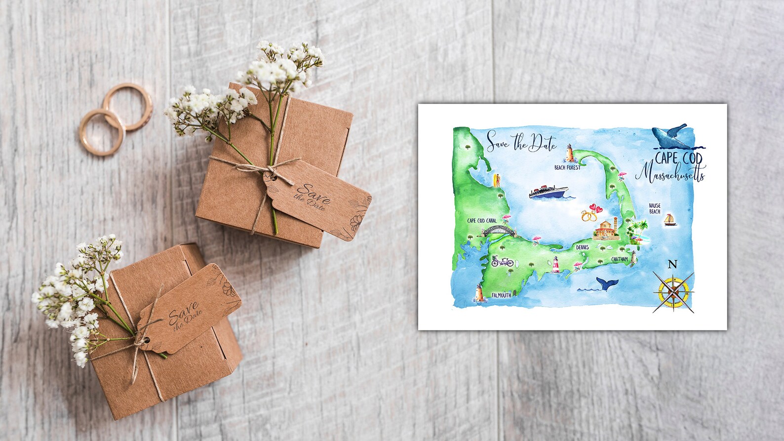 Custom Watercolor Wedding Map, Cape Cod Map, Personalized Hand Drawn ...