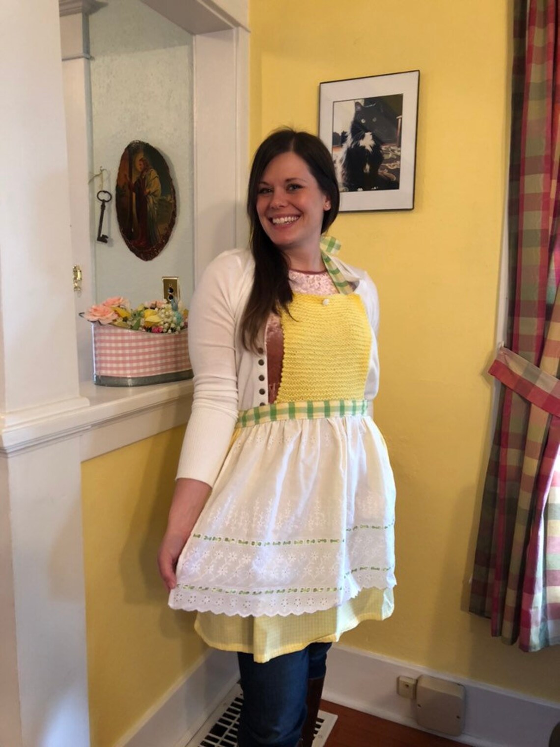 Pretty apron sunny yellow apron FANCY apron Hand-knit top | Etsy